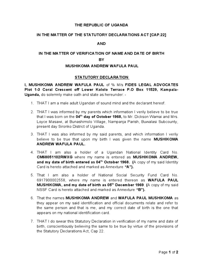 Statutory Declaration-Mushikoma | PDF | Common Law | Civil Law (Common Law)