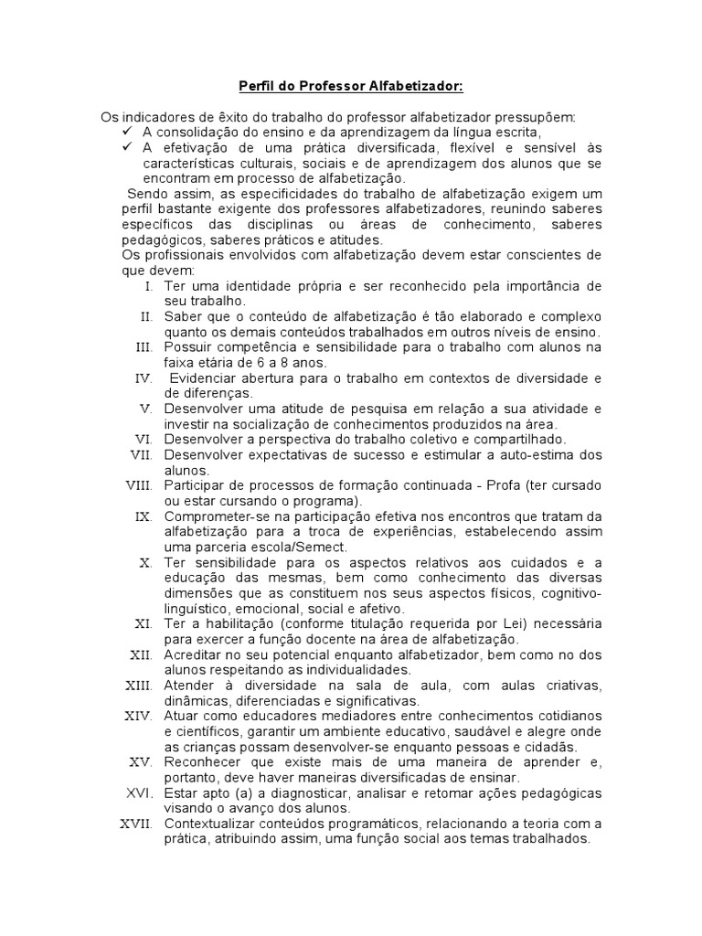 Perfil Do Professor Alfabetizador | PDF | Alfabetização | Aprendizado