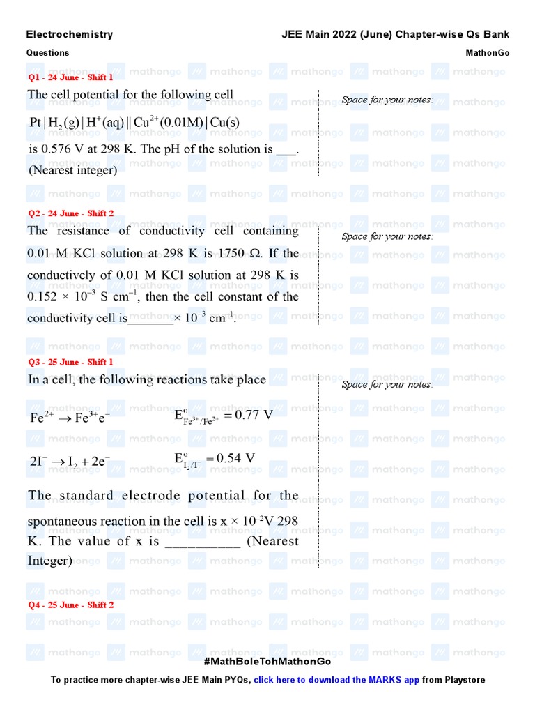 Electrochemistry - JEE Main 2022 Chapter Wise Questions by MathonGo | PDF
