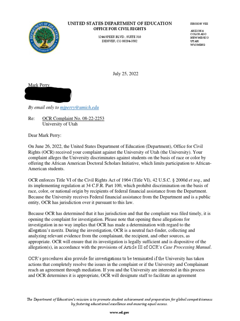 OCR Letter Announcing Investigation Into University of Utah | PDF ...