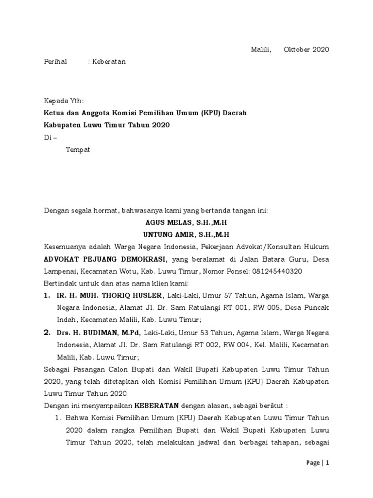 Keberatan Agus Melas ke KPU Luwu Timur | PDF