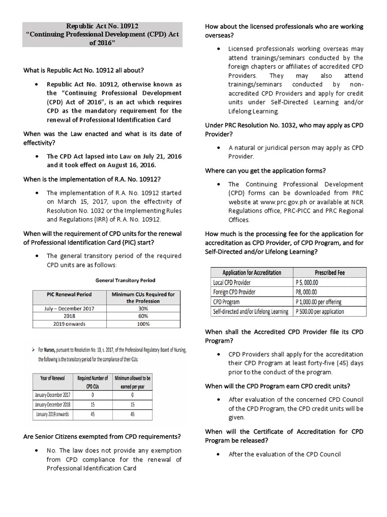 Republic Act No. 10912 "Continuing Professional Development (CPD) Act ...