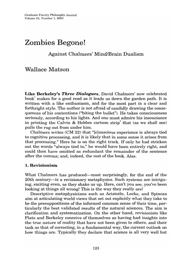 Matson - Zombies Begone - Against Chalmers' Mind-Brain Dualism | PDF ...