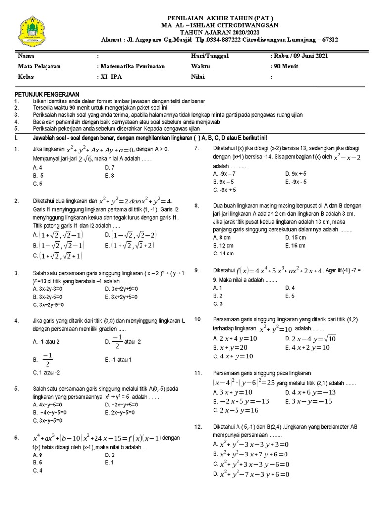 Soal PAT Matematika Peminatan Kelas 11 | PDF