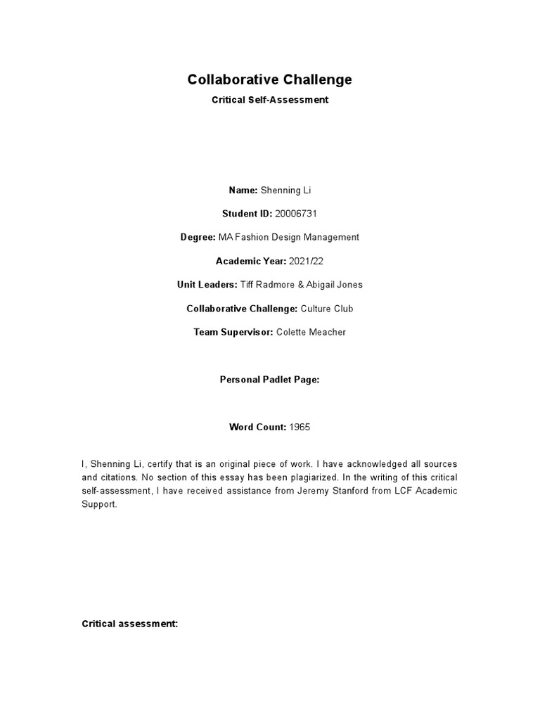 Critical Self-Assessment | PDF | Brand | Fashion
