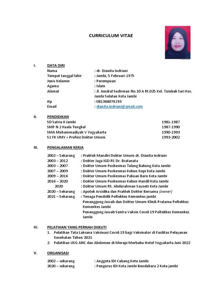CURRICULUM VITAE Dr. Dianita Indriani | PDF
