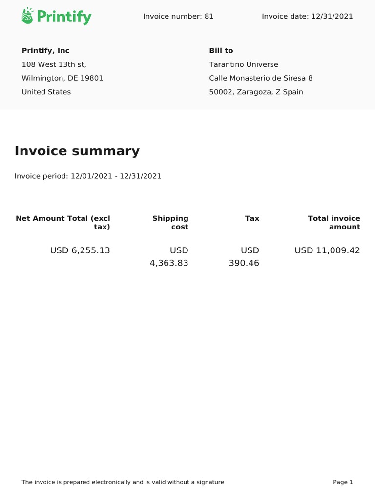 Invoice Summary: USD 6,255.13 USD 4,363.83 USD 390.46 USD 11,009.42 | PDF
