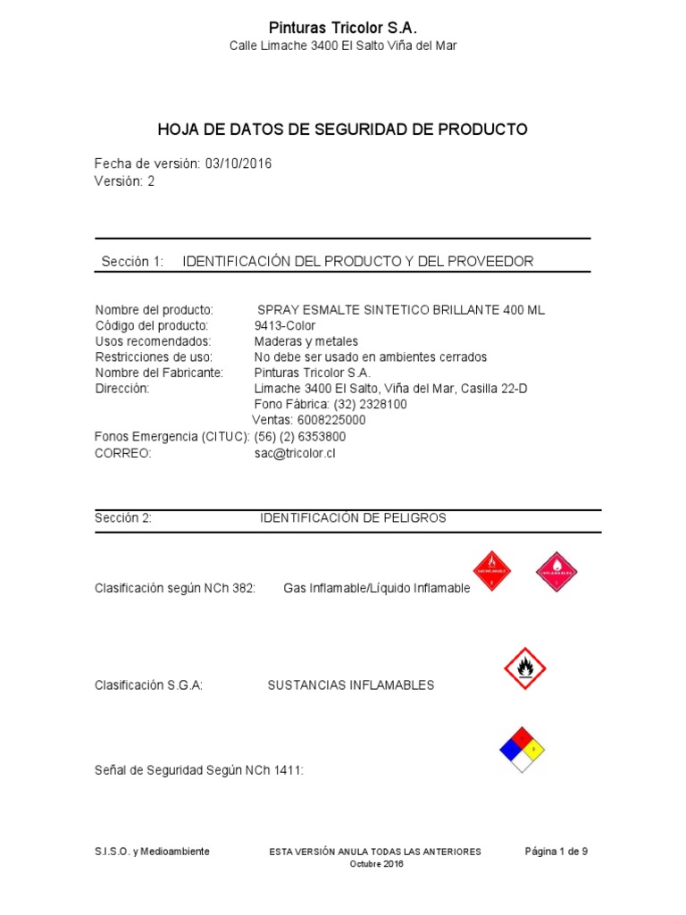 Hoja de Seguridad Aerosol Spray | PDF | Agua | Toxicidad