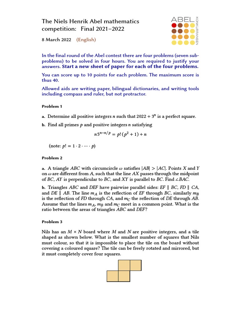 The Niels Henrik Abel Mathematics Competition: Final 2021-2022 | PDF