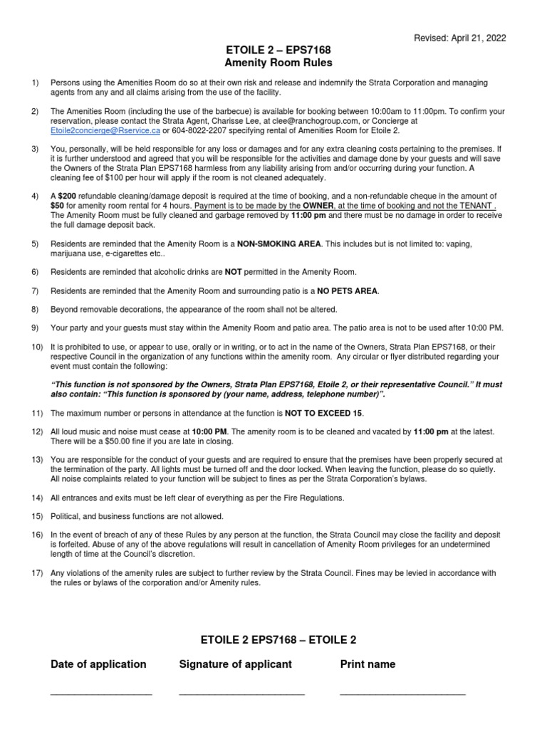 ETOILE 2 - EPS7168 Amenity Room Rules: Etoile2concierge@Rservice - Ca ...