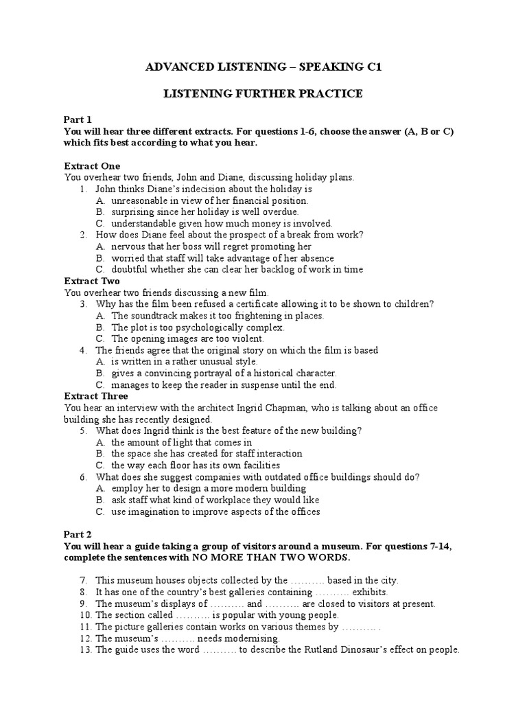 Advanced Listening - Speaking C1 Listening Further Practice | PDF ...