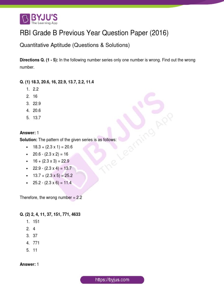 QA 2016 RBI Grade B Previous Year Question Paper | PDF