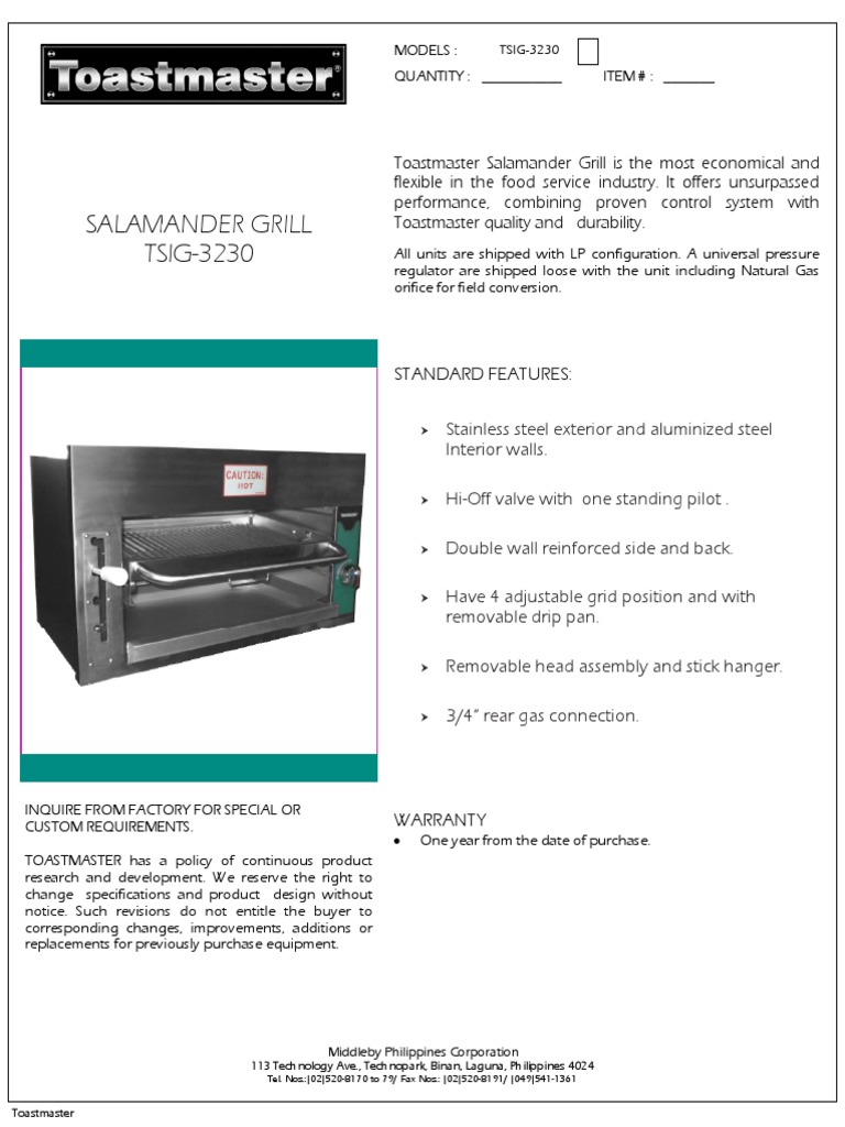 Salamander Grill (Tsig-3230) | PDF | Pipe (Fluid Conveyance) | Motor Vehicle