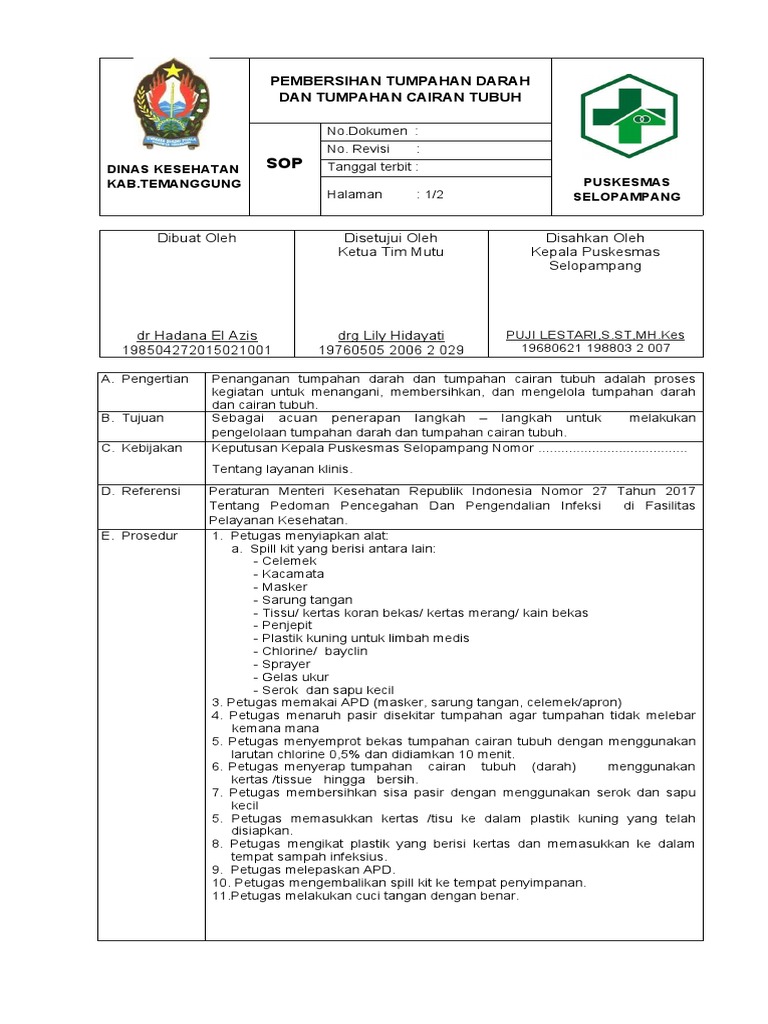 SOP Pembersihan Tumpahan Darah | PDF