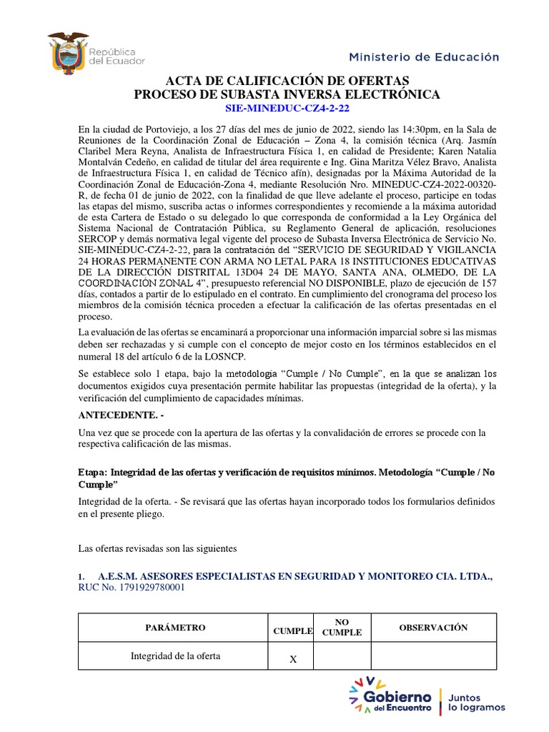 Acta de Calificación de Ofertas Proceso de Subasta Inversa Electrónica | Descargar gratis PDF ...