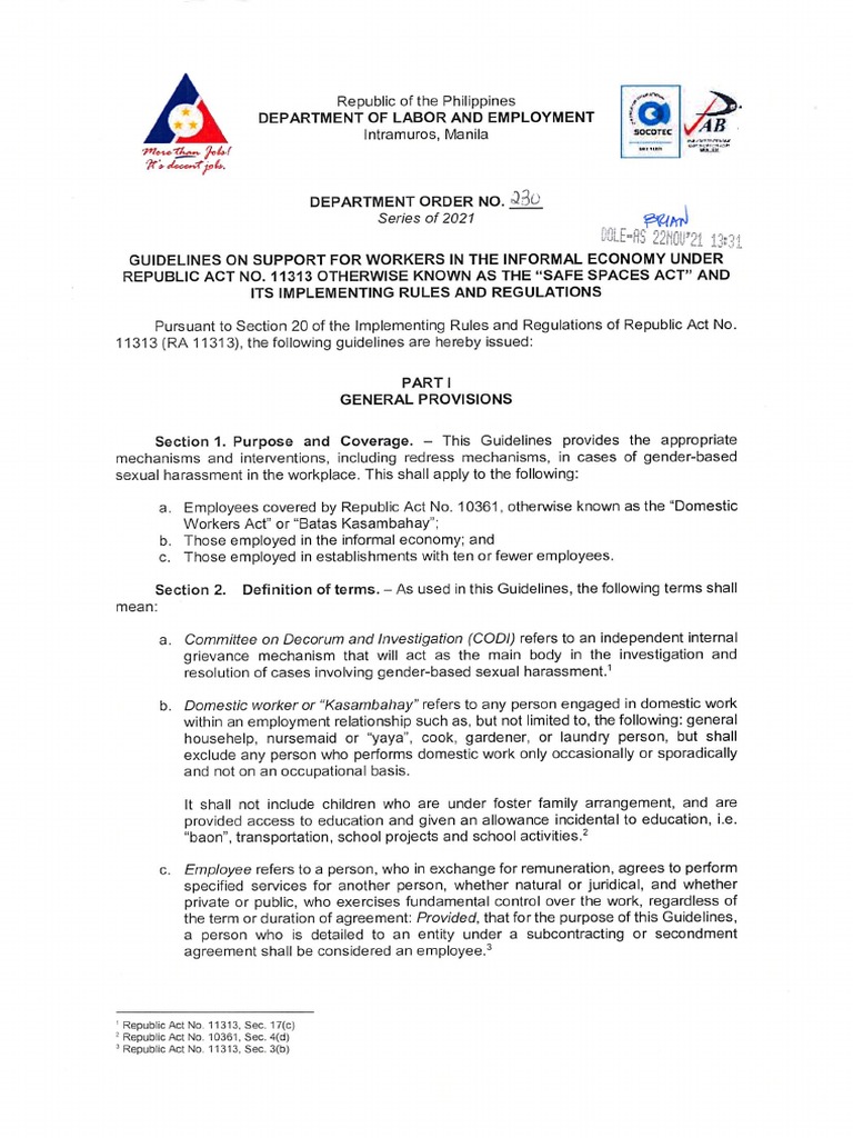 DOLE's DO No. 230 Series of 2021 | PDF