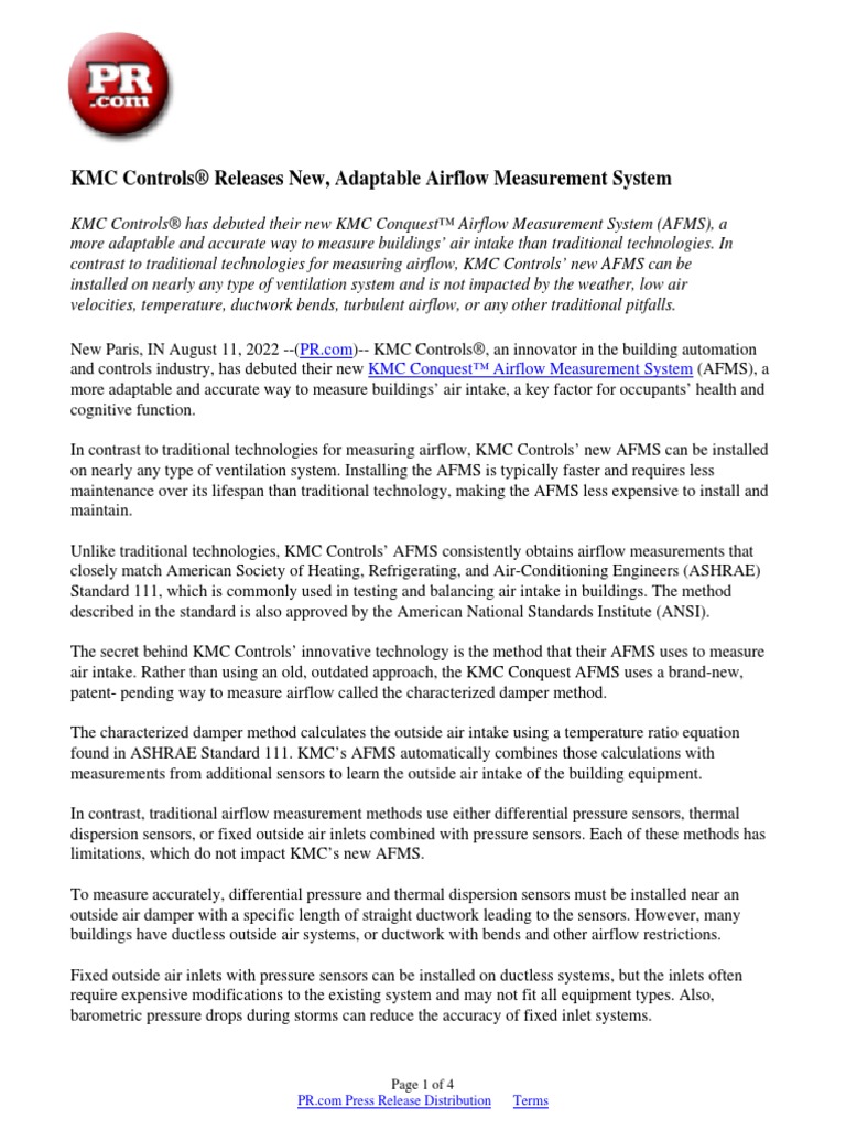 KMC Controls® Releases New, Adaptable Airflow Measurement System | PDF ...