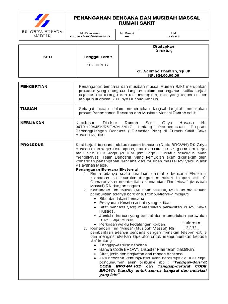 Spo Penanganan Bencana Dan Musibah Massal RSGH | PDF