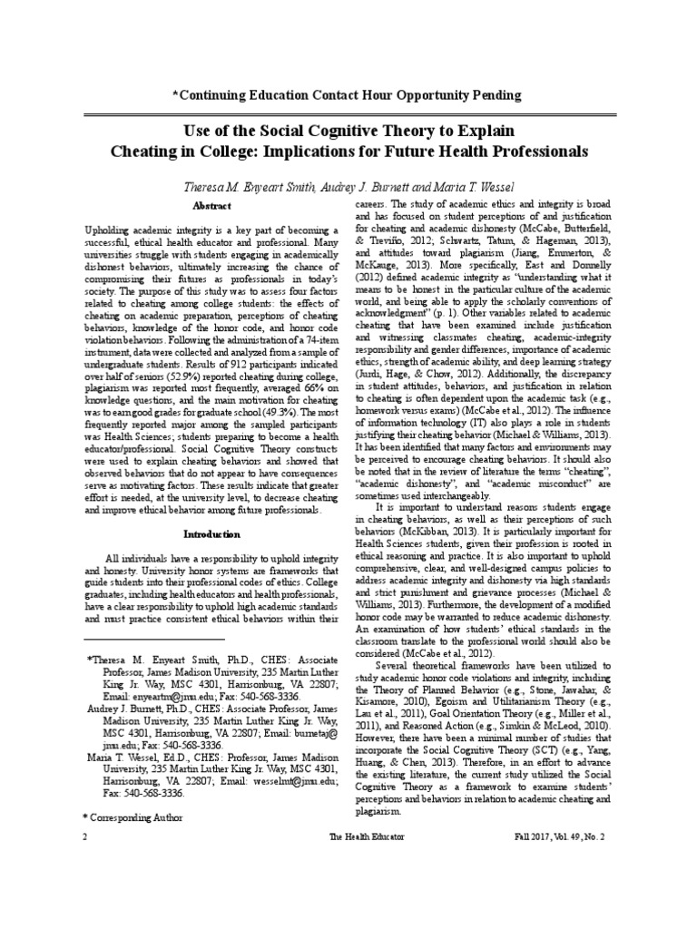 Use of The Social Cognitive Theory To Explain Cheating in College ...