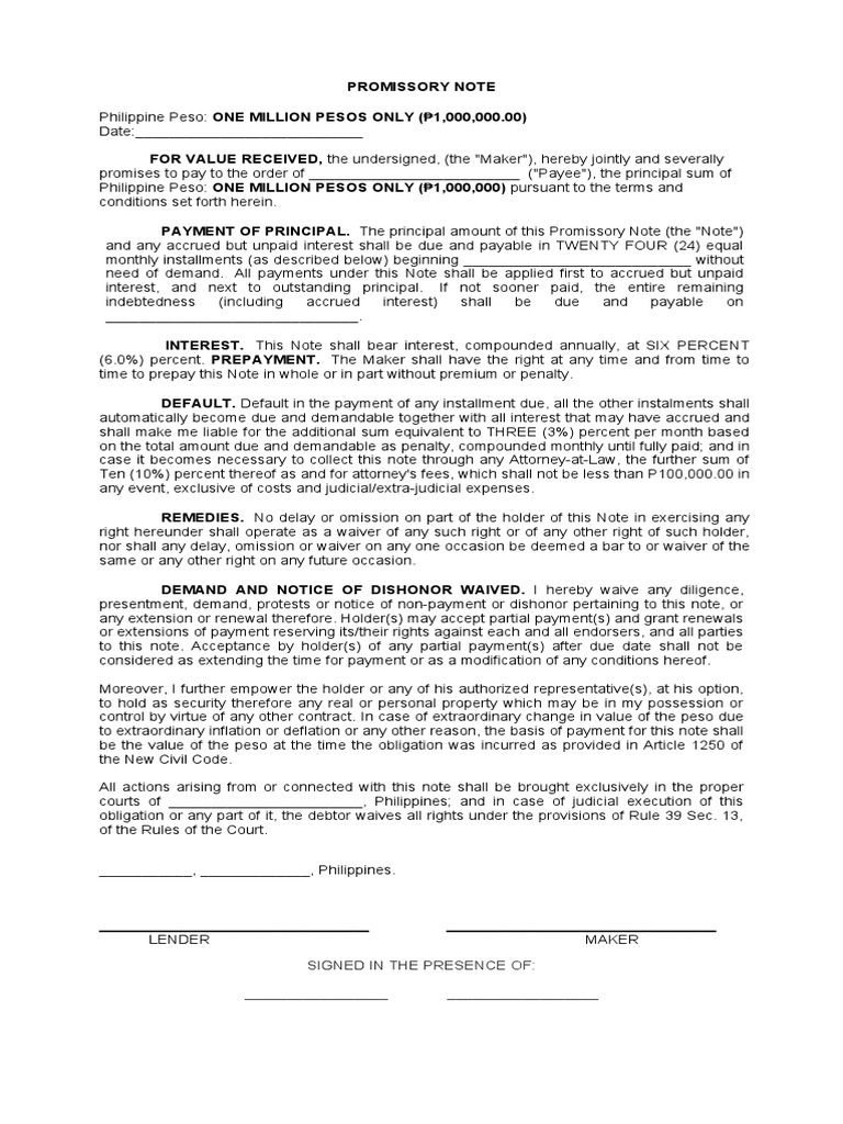 One Million Peso Promissory Note | PDF | Promissory Note | Interest