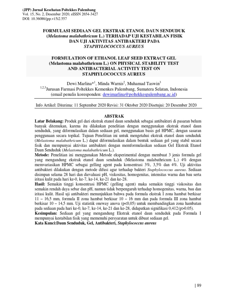 Gel Daun Senduduk: Stabilitas & Antibakteri | PDF