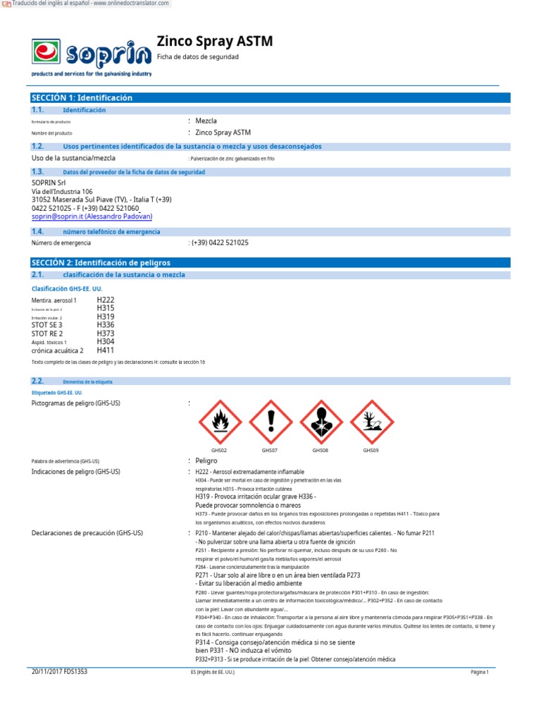 Zinco Spray Sds 1594910344.en - Es | PDF | Aerosol | Agua