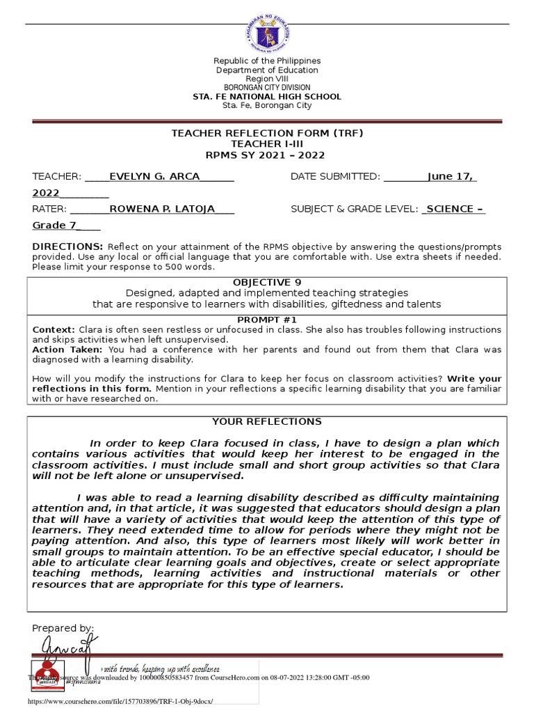 Teacher Reflection Form (TRF) Teacher I-Iii RPMS SY 2021 - 2022 - 2022 ...