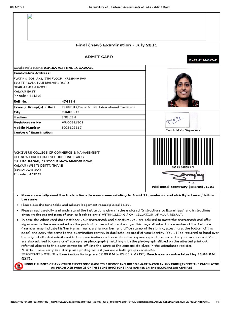 The Institute of Chartered Accountants of India - Admit Card | Download ...