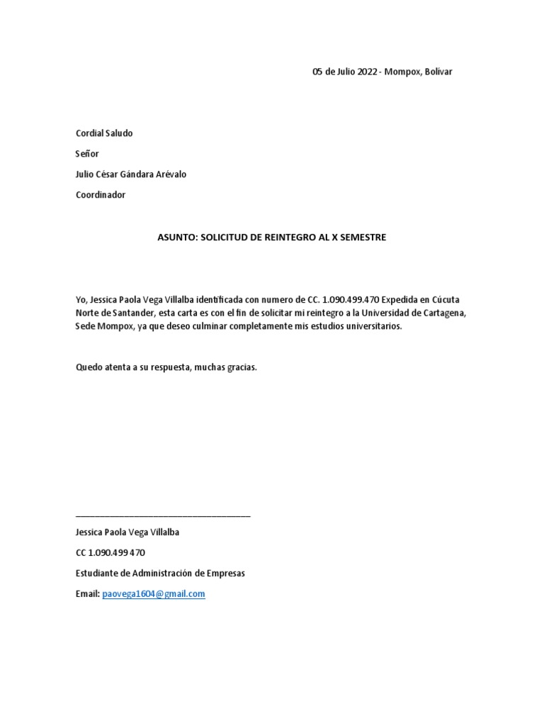 Carta Solicitud de Reintegro | PDF