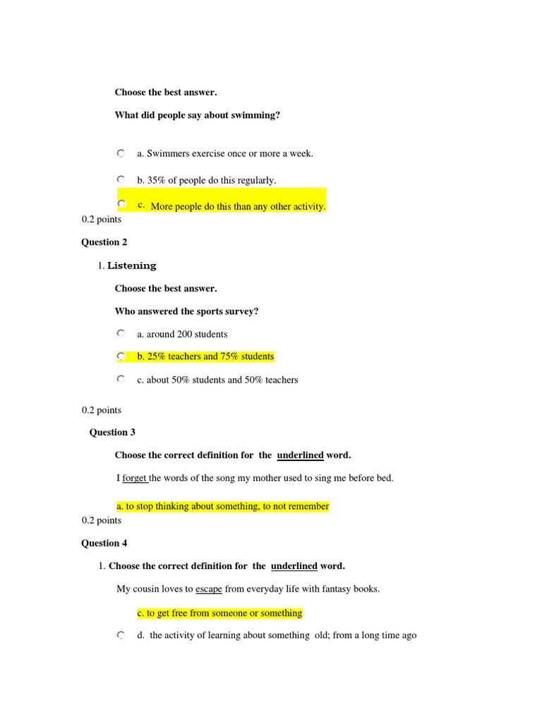 Choose The Best Answer. What Did People Say About Swimming? | PDF ...