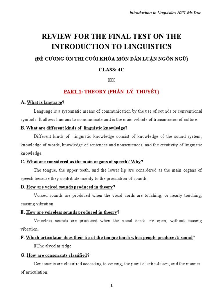 Review For The Final Test On The Introduction To Linguistics-70% | PDF ...