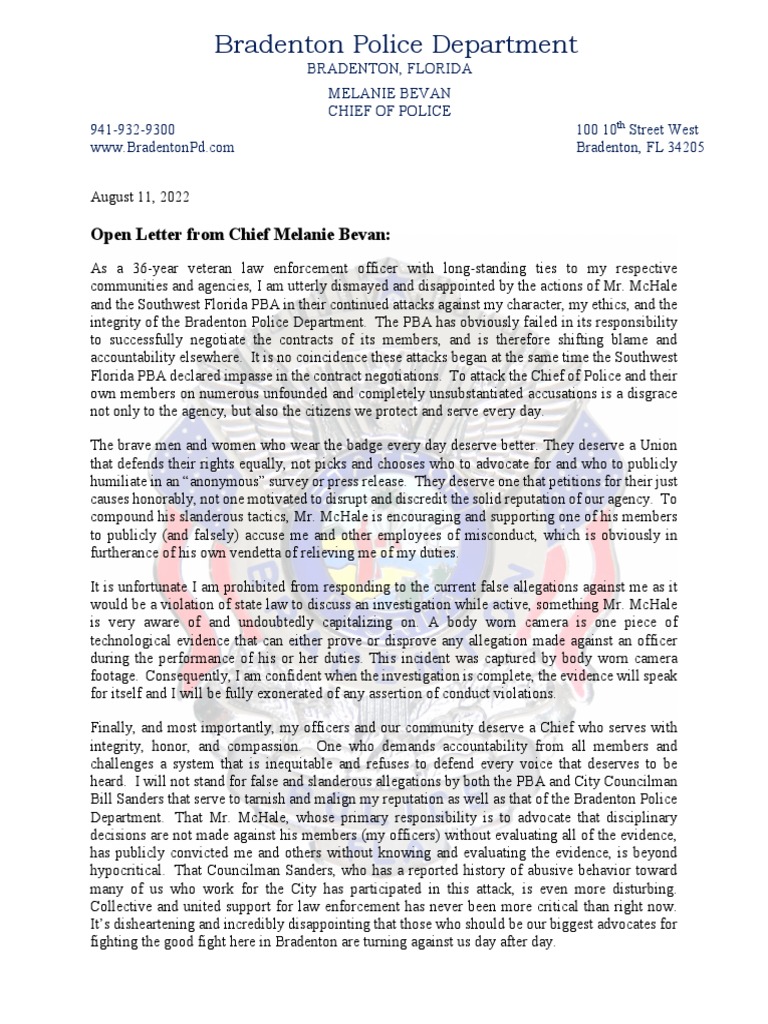 Open Letter From Chief Melanie Bevan | PDF | Justice | Crime & Violence
