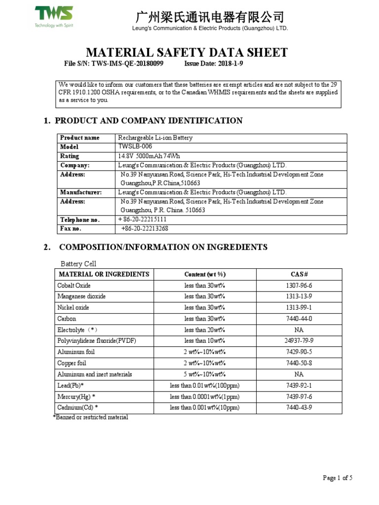 Material Safety Data Sheet: 1. Product and Company Identification | PDF | Firefighting ...