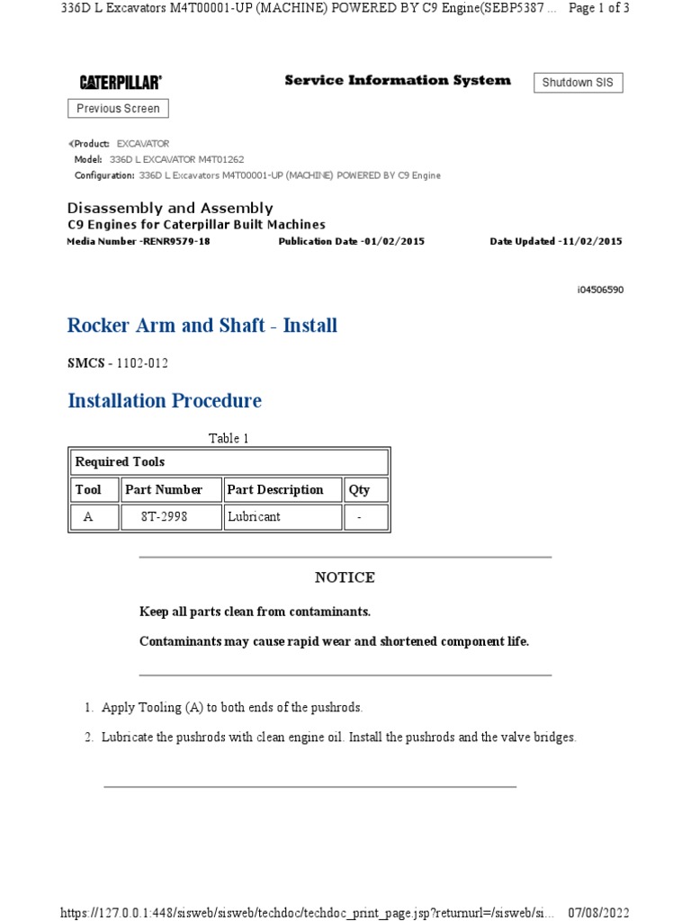 Rocker Arm and Shaft - Install | PDF | Machines | Screw
