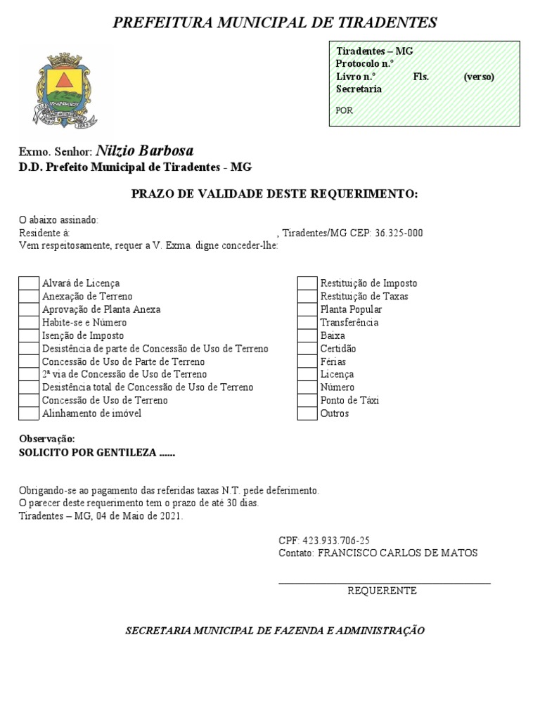 Modelo Requerimento Prefeitura | PDF | Governo