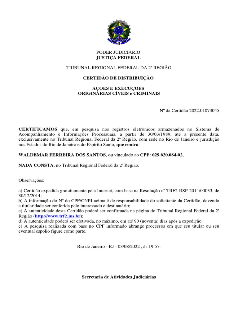 Certidao 2022 01073045 02962008402 BR Jus trf2 Apolo | PDF | Direito