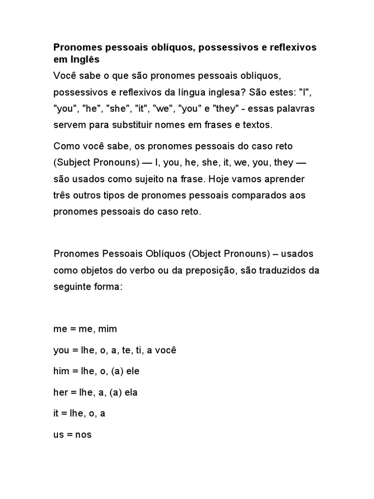 Pronomes Pessoais Oblíquos | PDF | Pronome | Unidades semânticas