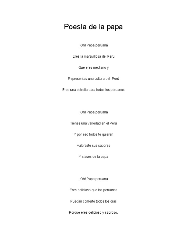 Poema y Acróstico de la Papa Peruana | PDF | Patata | Perú