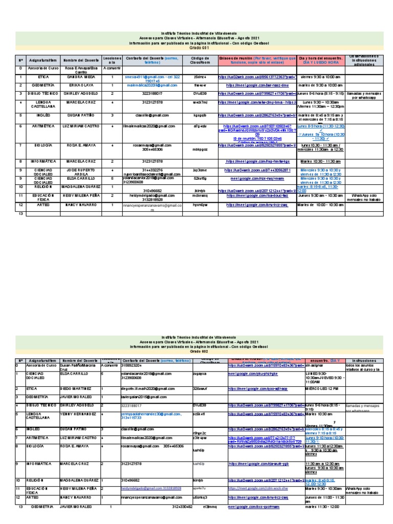 Registros Códigos de Classroom y Enlaces Por Grados.xlsx | PDF