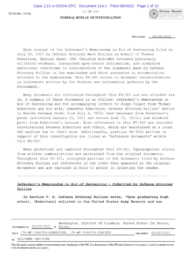 FBI Sentencing Investigation Notes for Sentencing Robertson | PDF ...