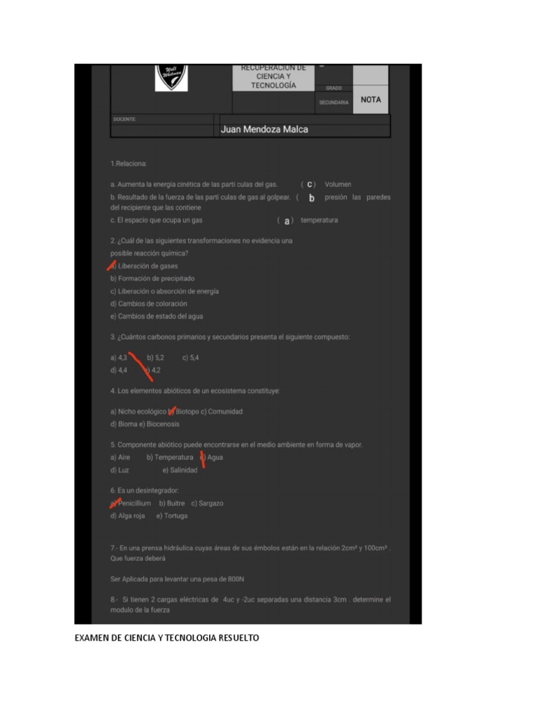 Examen de Ciencia y Tecnologia Resuelto | PDF