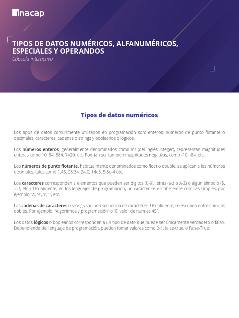 Tipos de Datos Numericos - Alfanumericos - Especiales y Operandos | PDF ...