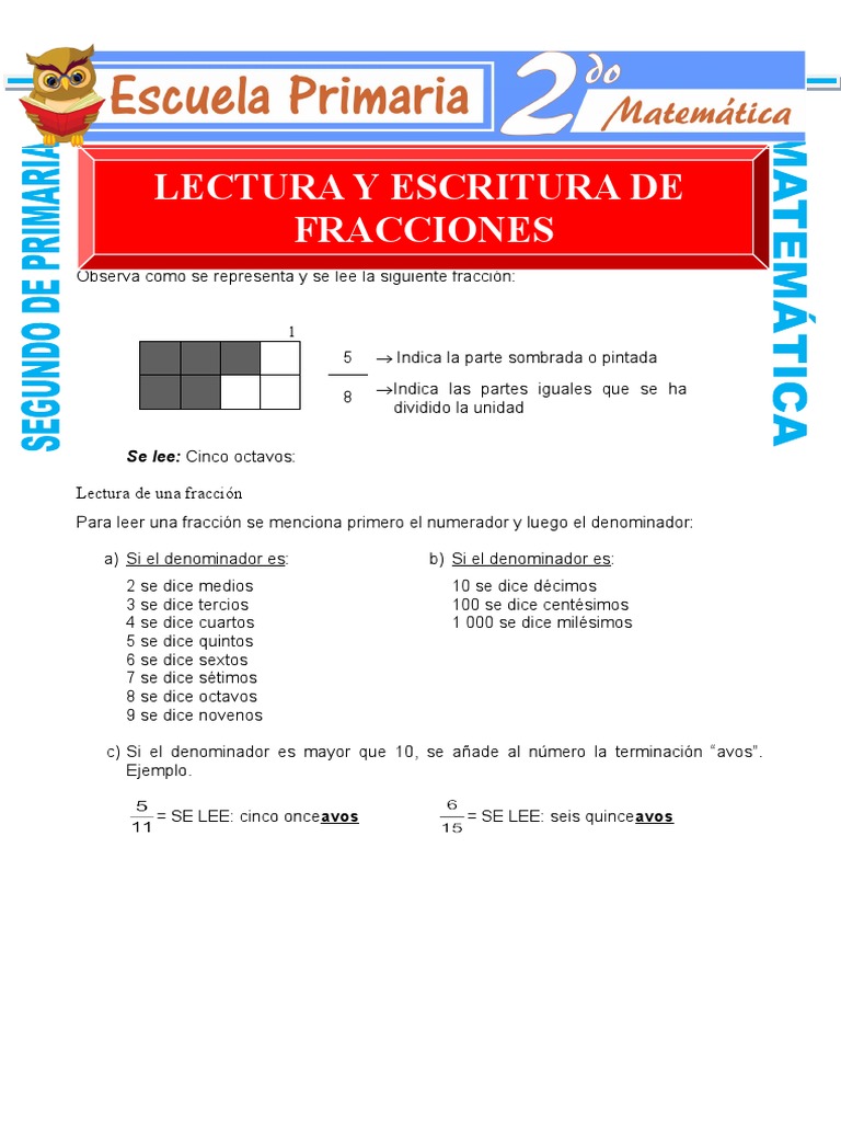 Lectura y Escritura de Fracciones para Segundo de Primaria | PDF ...