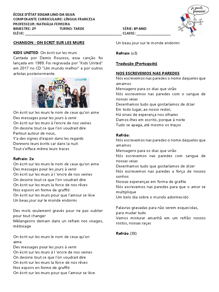 Français - 8º Ano - Chanson On Écrit Sur Les Murs - 2º Bim | PDF