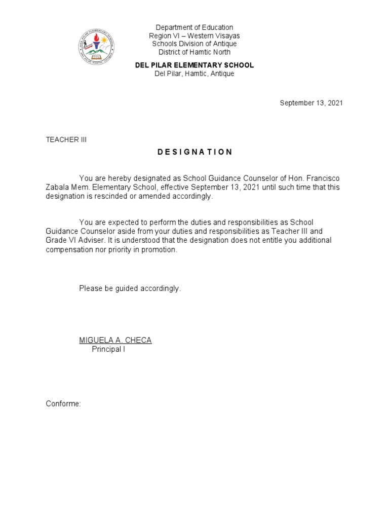 Designation Letter Guidance Teacher | PDF