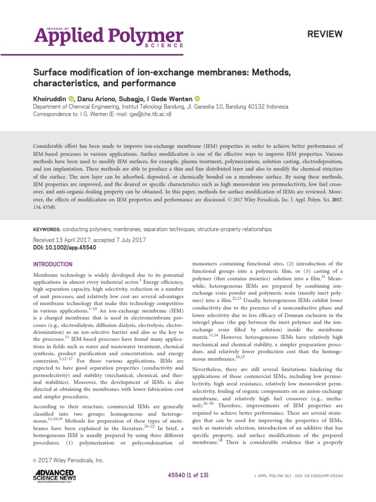 Surface Modification of Ion Exchange Membranes Methods Characteristics ...