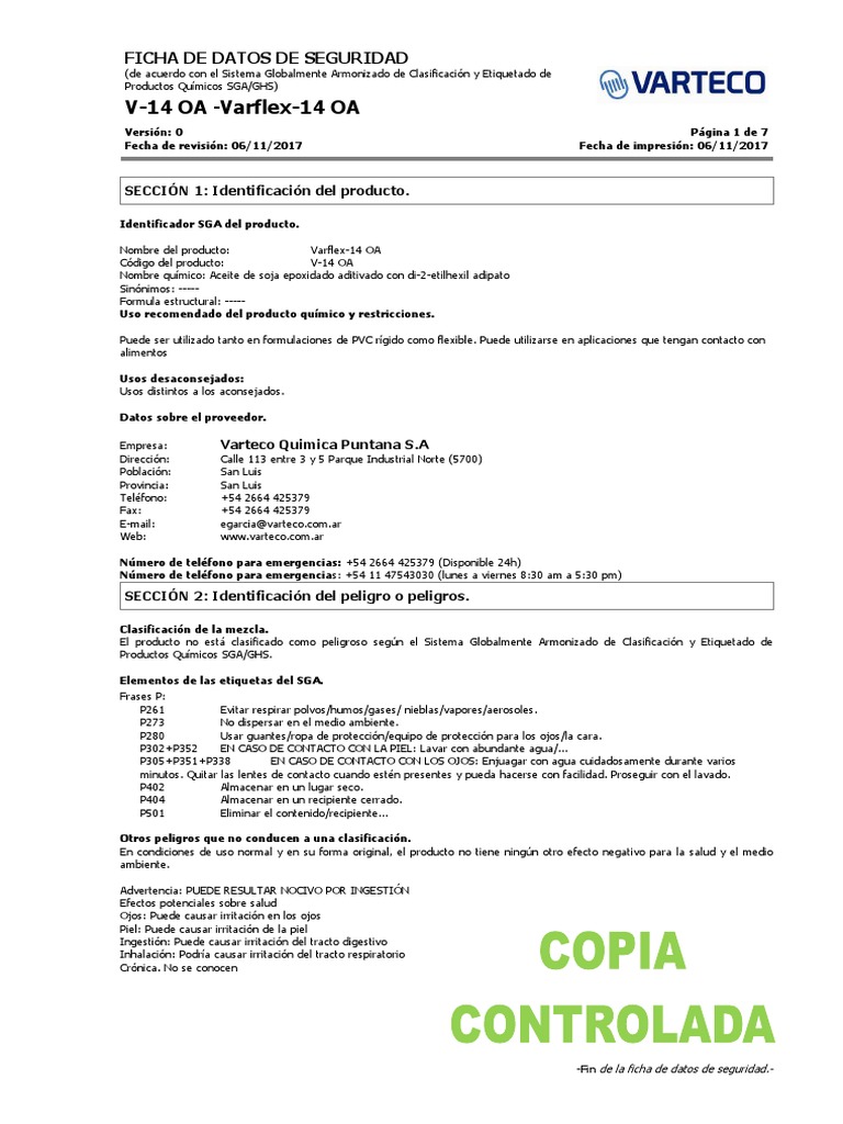 Ficha Seguridad Varflex-14 OA | PDF | Química | Ciencias fisicas
