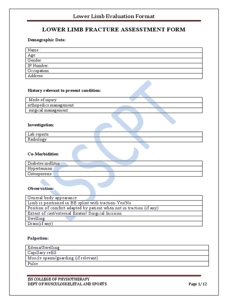 Lower Limb Evaluation Format Lower Limb Fracture Assesstment Form | PDF ...