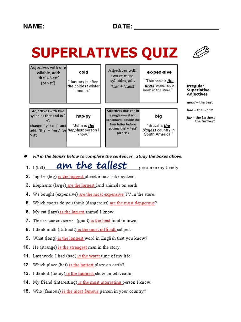 Superlatives Quiz: Name: Date | PDF | Linguistics | Human Communication