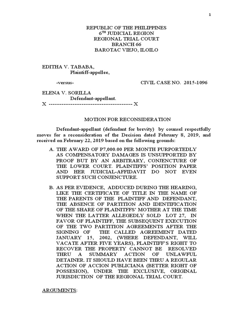 Motion For Reconsideration | PDF | Judgment (Law) | Damages